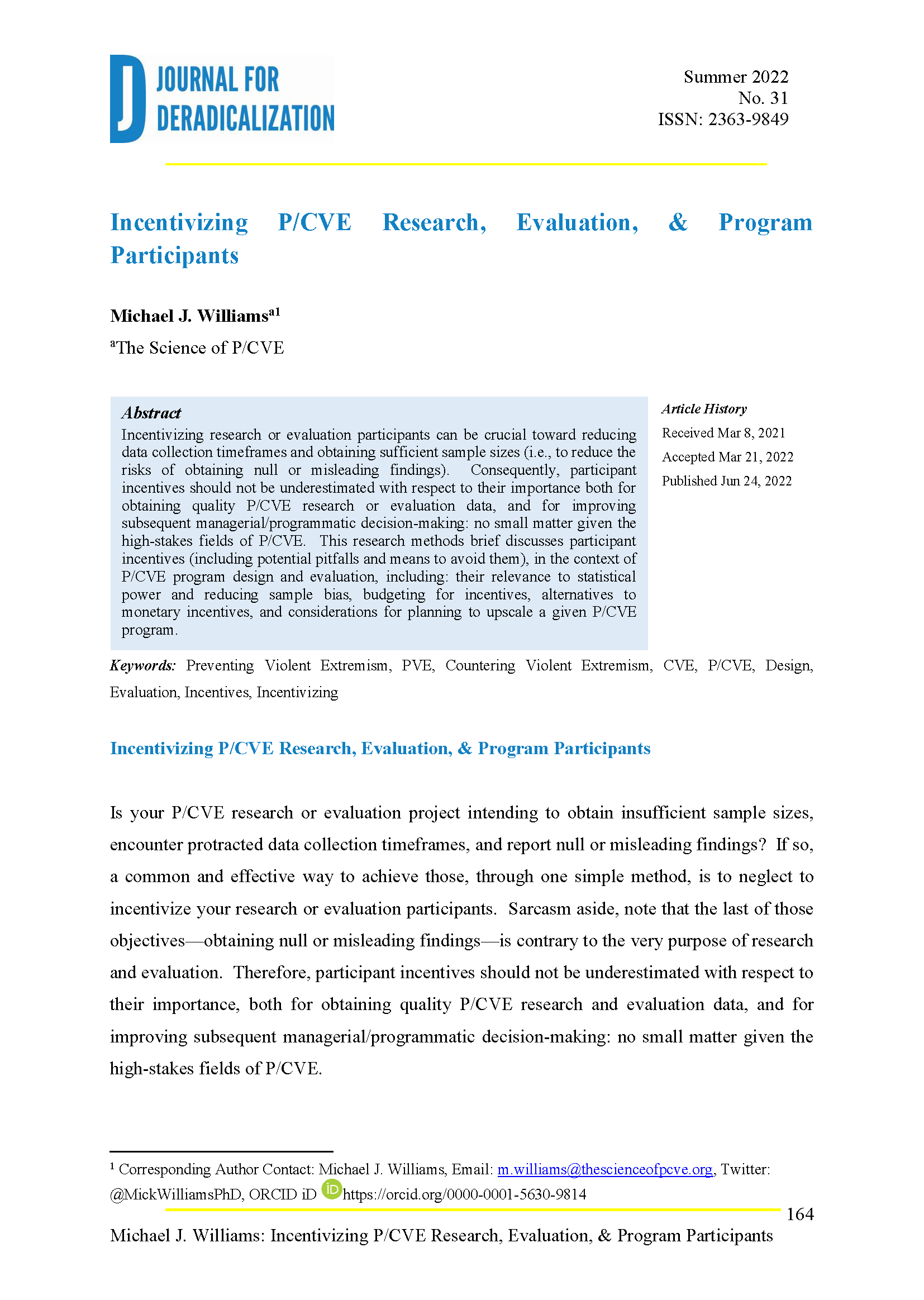 Incentivizing P/CVE Research, Evaluation, & Program Participants. - The Science of P/CVE.org
